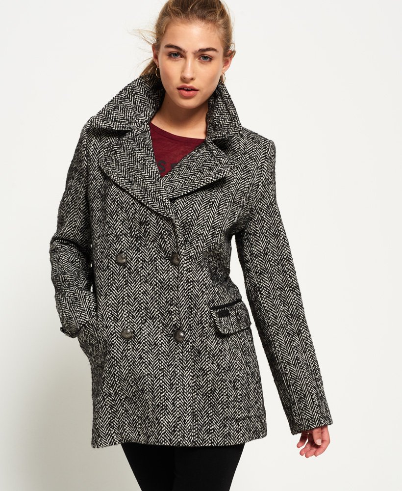 womens Classic Wool Pea Coat in Mottled Herringbone | Superdry UK