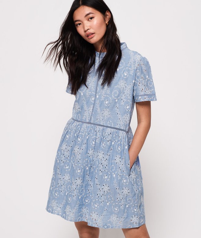womens Shelly Schiffli Dress in Pale Blue Chambray | Superdry US