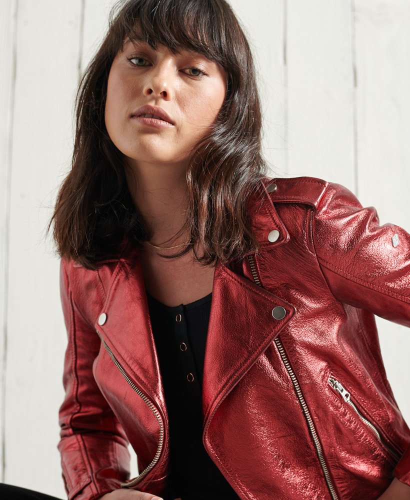 womens Metallic Leather Biker Jacket in Red Metallic | Superdry UK