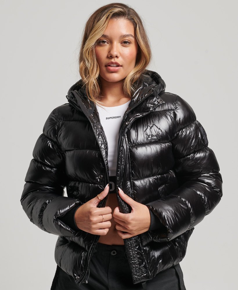womens Hooded Shine Sports Puffer Jacket in Black | Superdry US