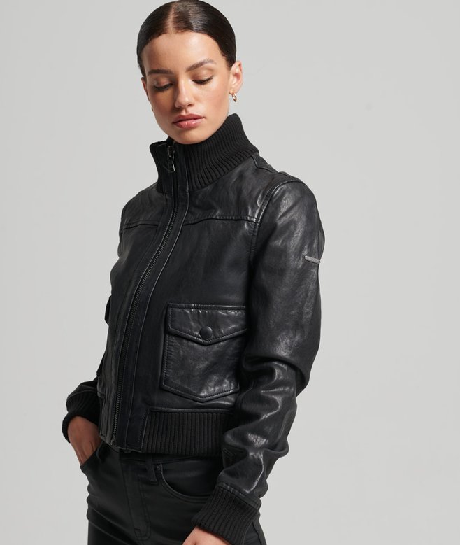 womens Knit Collar Leather Bomber Jacket in Black | Superdry UK