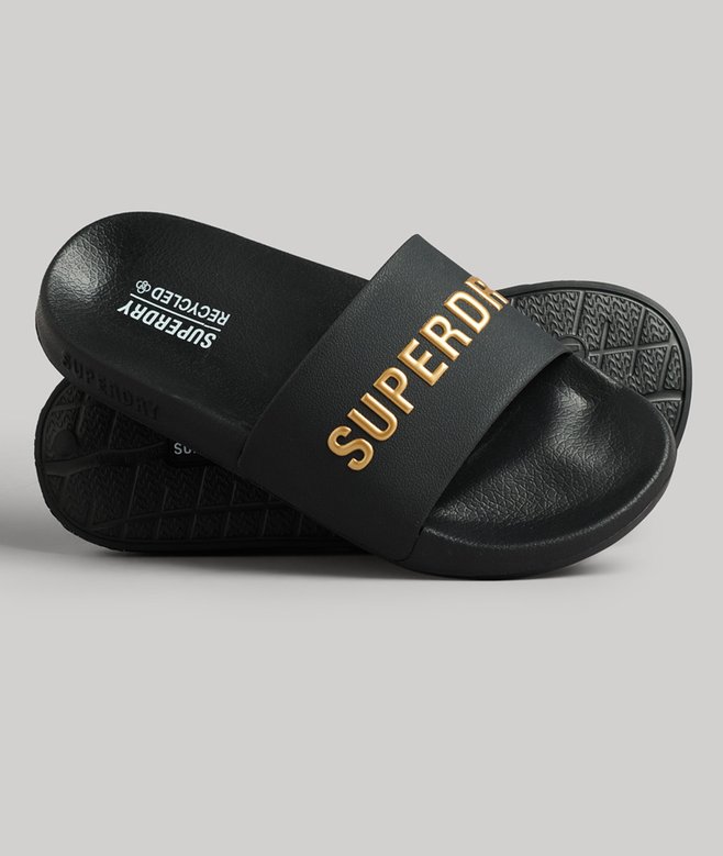 womens CODE Logo Pool Sliders in Black/Metallic Gold | Superdry UK