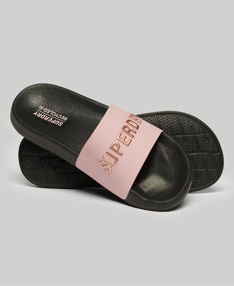 womens Code Logo Pool Sliders in Black/Blush/Metallic Rose | Superdry UK