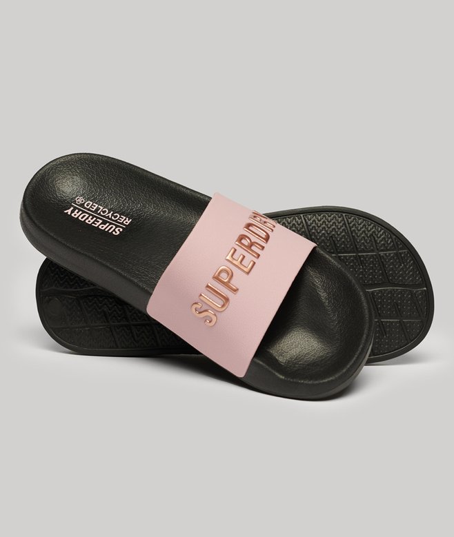 womens Code Logo Pool Sliders in Black/Blush/Metallic Rose | Superdry UK