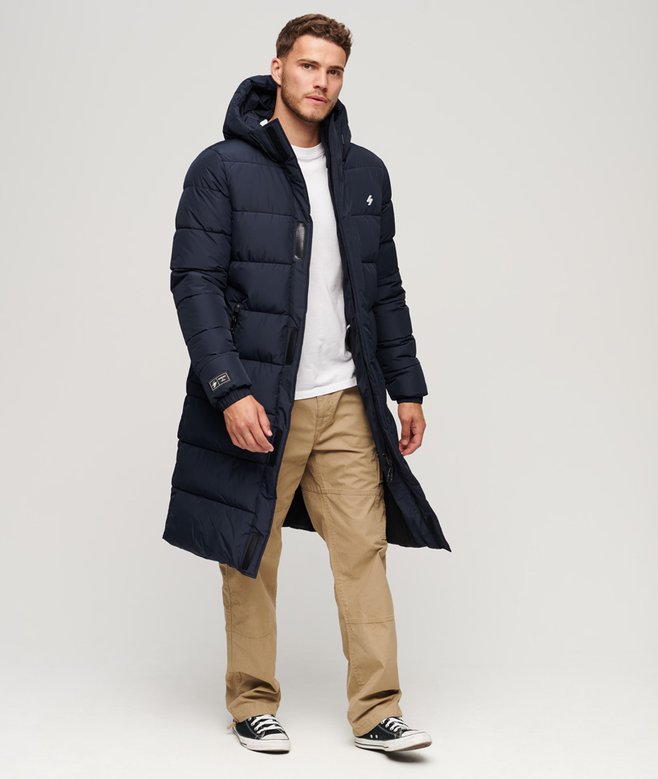 mens Hooded Longline Sports Puffer Jacket in Eclipse Navy | Superdry UK