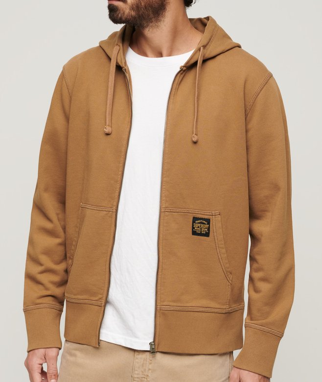mens Contrast Stitch Relaxed Zip Hoodie in Washed Classic Brown Camel ...