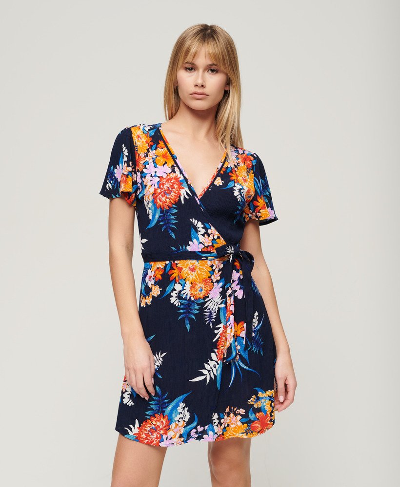 womens Printed Mini Wrap Dress in Anemore Navy | Superdry UK