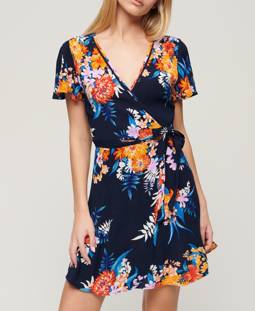 womens Printed Mini Wrap Dress in Anemore Navy | Superdry UK