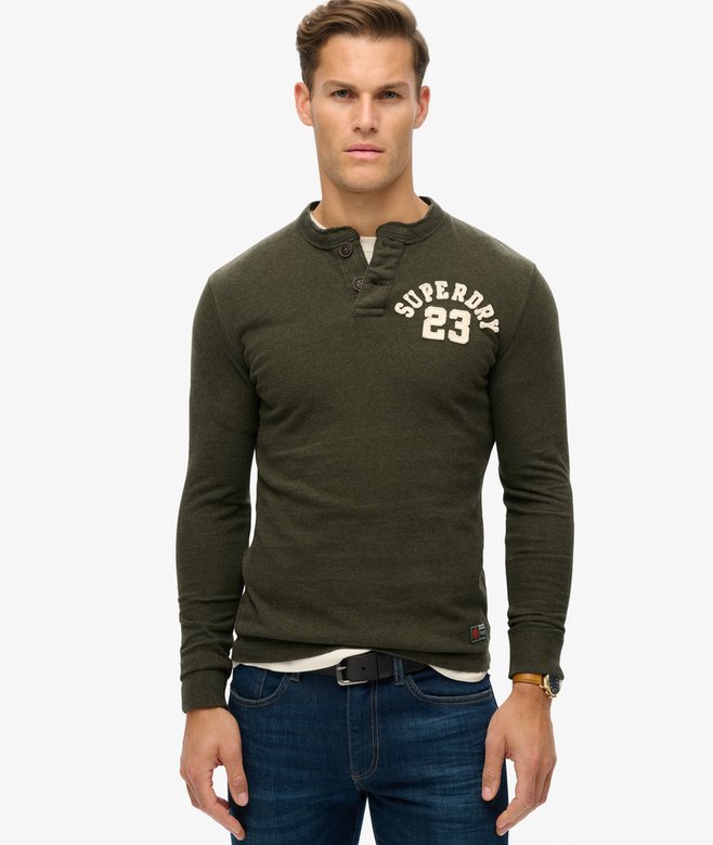 mens Vintage Athletic Long Sleeve Grandad Top in Campus Green Grit ...