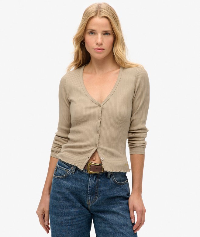 womens Essential Button Through Long Sleeve Top in Cobblestone Grey ...