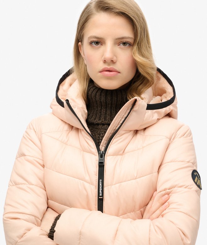 womens Hooded Fuji Quilted Padded Jacket in Frappe Beige | Superdry UK