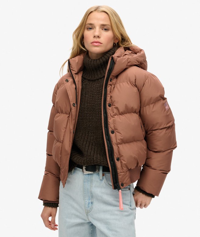 womens Hooded Sports Puffer Bomber Jacket in Nutmeg Spice Brown ...