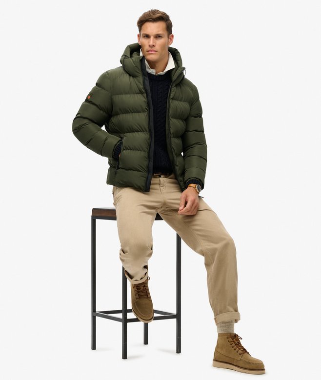 mens Hooded Sports Puffer Jacket in Army Khaki | Superdry UK