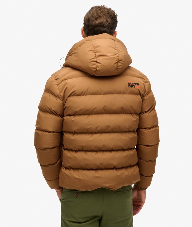 mens Hooded Sports Puffer Jacket in Denim Co Tobacco Brown | Superdry UK