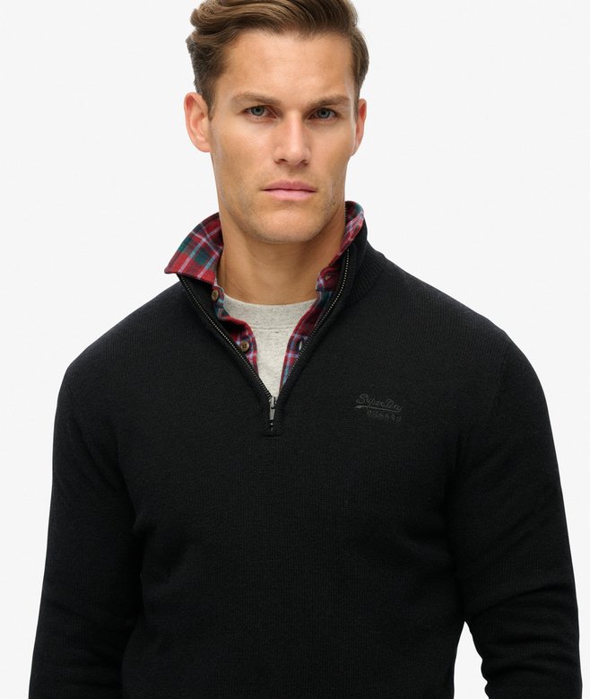 mens Essential Embroidered Knitted Half Zip Jumper in Black | Superdry IE
