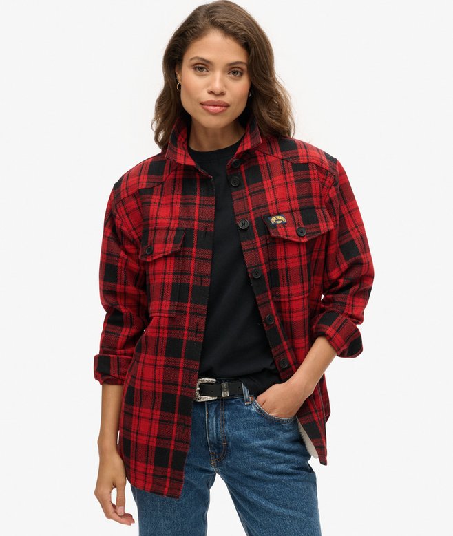 womens Borg Check Overshirt in Red Check | Superdry UK