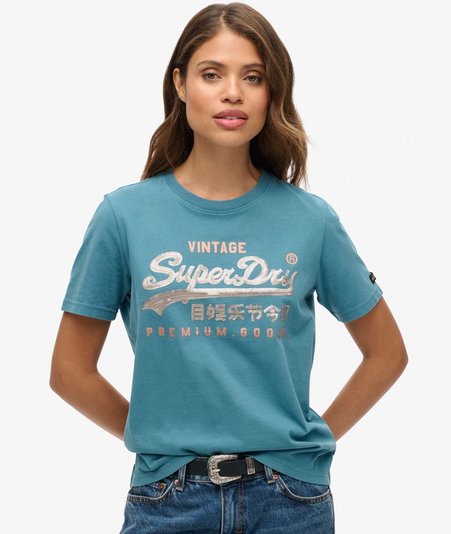womens Embellished VL Graphic T Shirt in Aegean Blue | Superdry UK