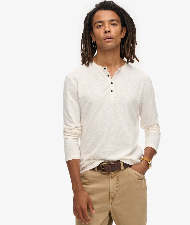 mens Long Sleeved Jersey Grandad Top in White Sand | Superdry UK