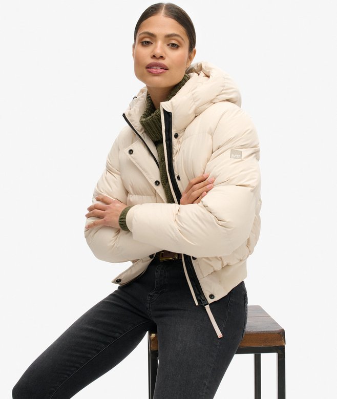 womens Hooded Sports Puffer Bomber Jacket in Off Grey | Superdry UK