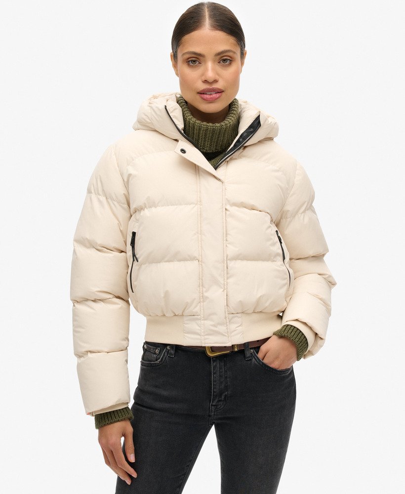womens Hooded Sports Puffer Bomber Jacket in Off Grey | Superdry UK