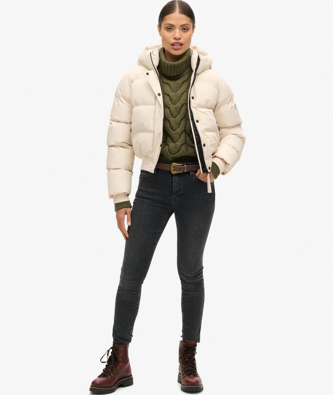 womens Hooded Sports Puffer Bomber Jacket in Off Grey | Superdry UK