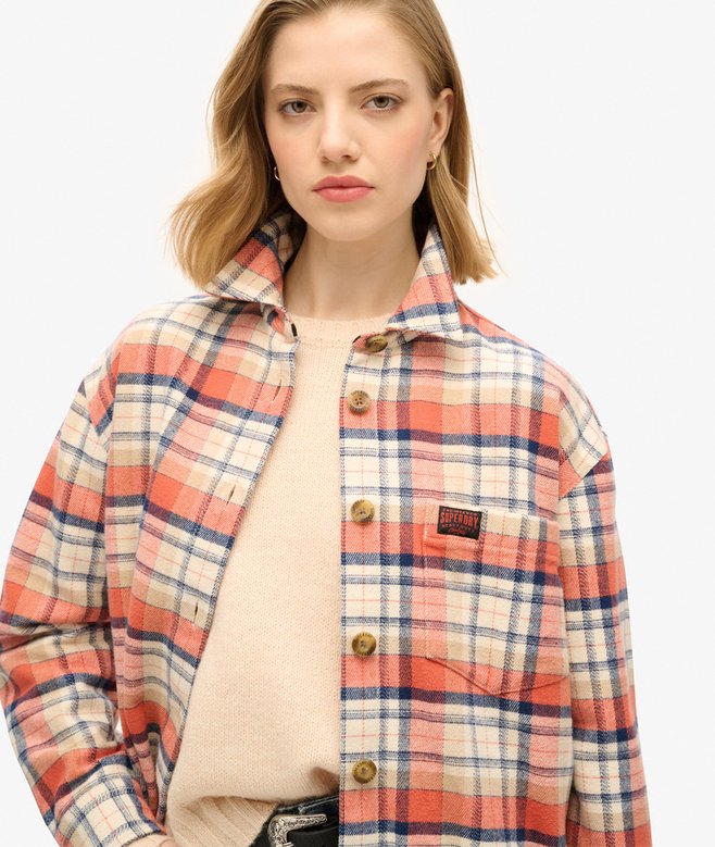 womens Check Flannel Overshirt in Ivory & Coral Check | Superdry US