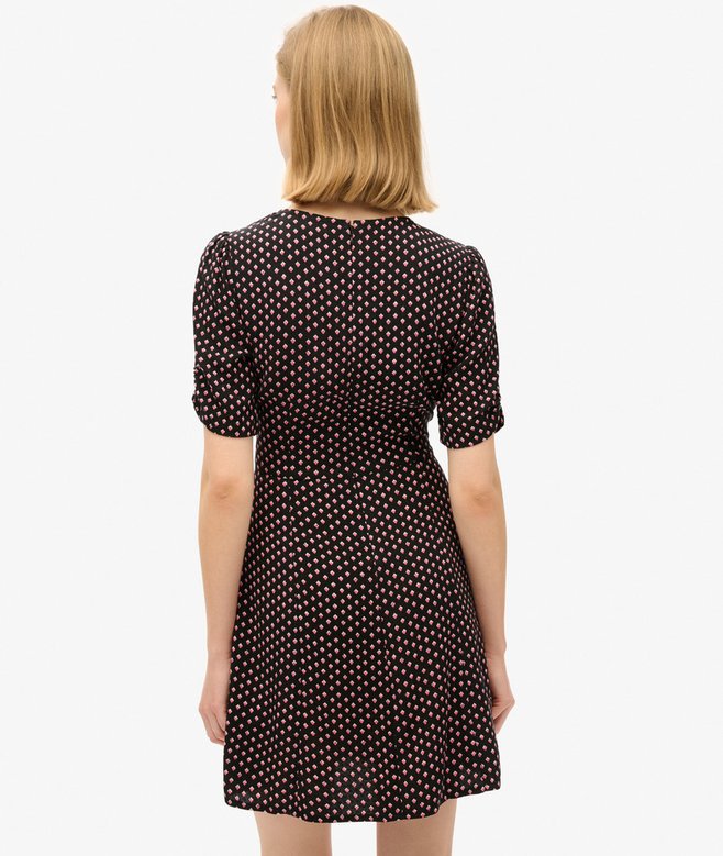 womens Printed Short Sleeve Mini Tea Dress in Diamond Geo Black ...
