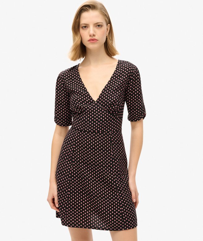womens Printed Short Sleeve Mini Tea Dress in Diamond Geo Black ...