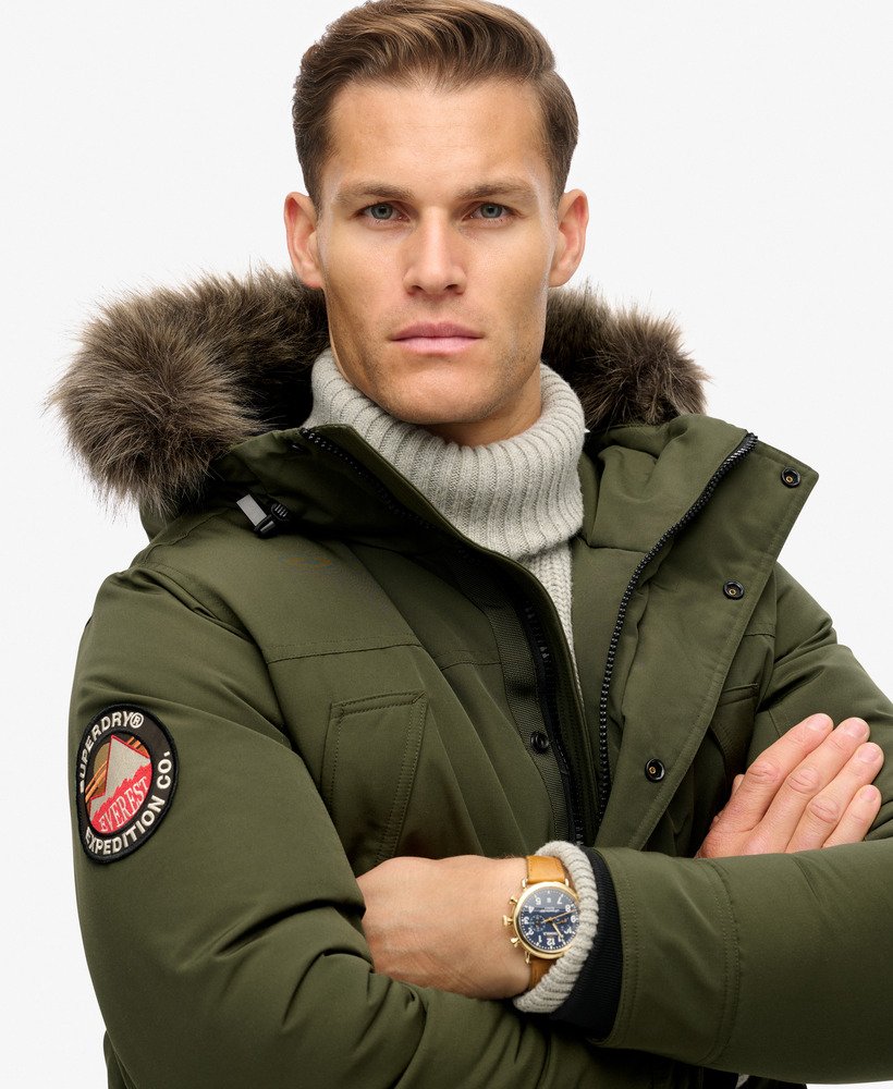 mens Everest Faux Fur Parka Jacket in Army Khaki Green | Superdry UK