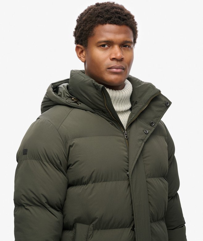 mens Hooded Longline Puffer Jacket in Surplus Goods Olive Green ...