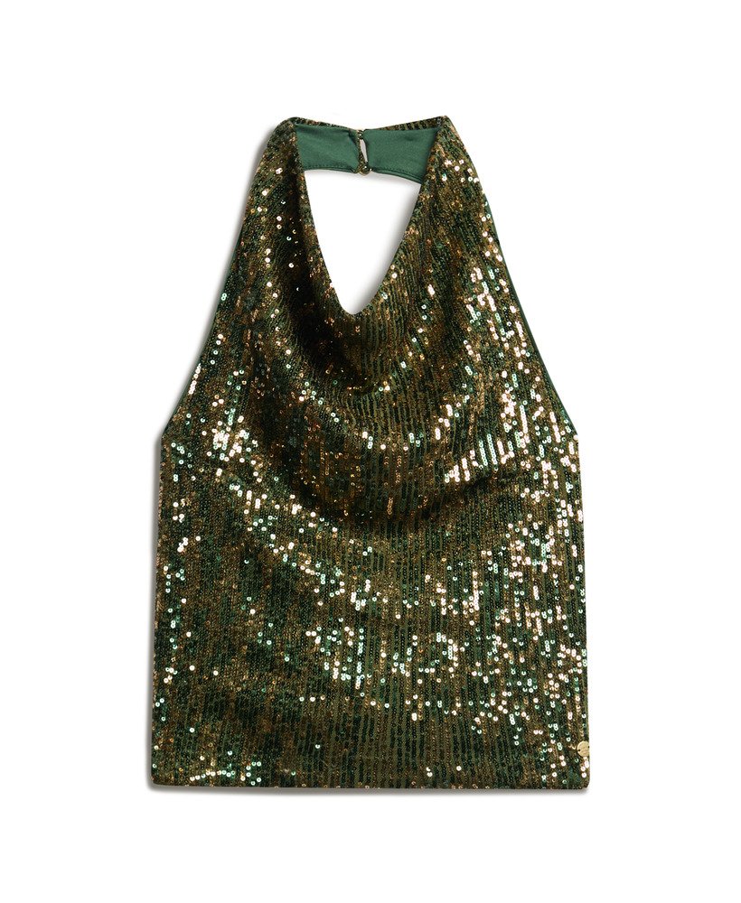 Neckholder-Oberteil mit Wasserfallausschnitt und Pailletten grün gold ...