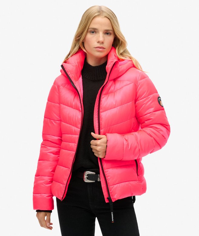 womens Hooded Fuji Quilted Padded Jacket in HYPER FIRE PINK | Superdry UK