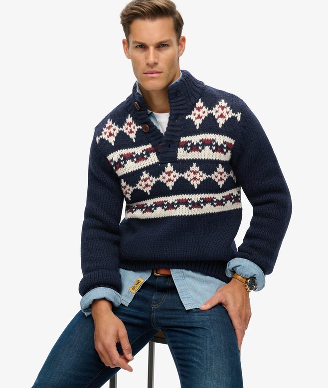 mens Chunky Knit Patterned Henley Jumper in Navy Multi | Superdry UK