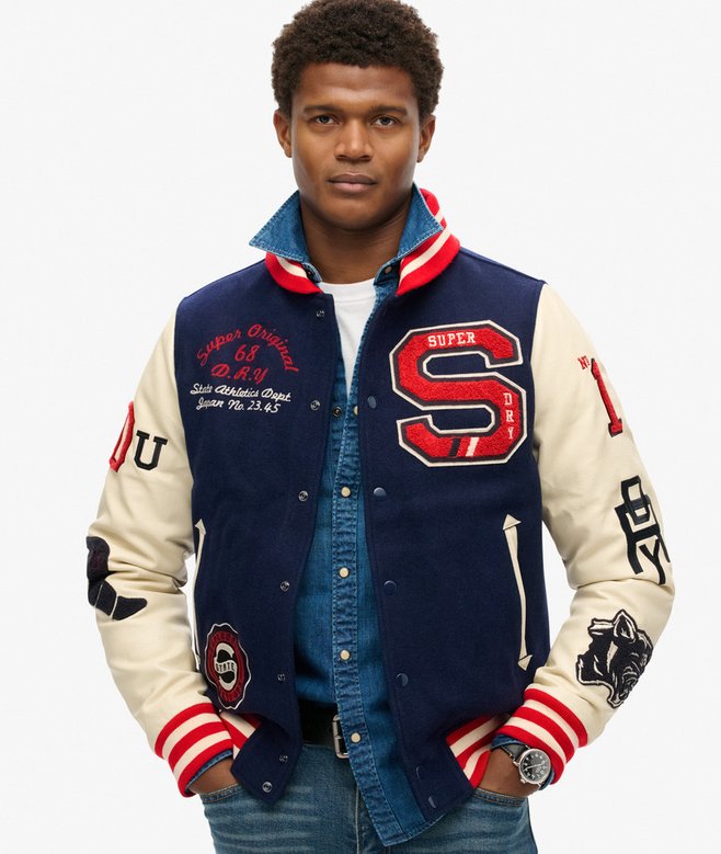mens College Varsity Patched Bomber Jacket in ATLANTIC NAVY | Superdry UK