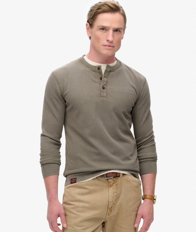 mens Vintage Textured Grandad Top in Morel Brown | Superdry UK