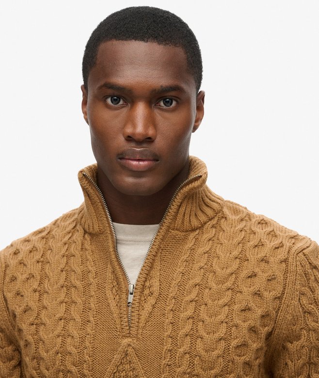 mens Vintage Jacob Cable Knit Half Zip Jumper in Classic Brown Camel ...