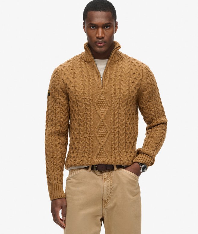 mens Vintage Jacob Cable Knit Half Zip Jumper in Classic Brown Camel ...