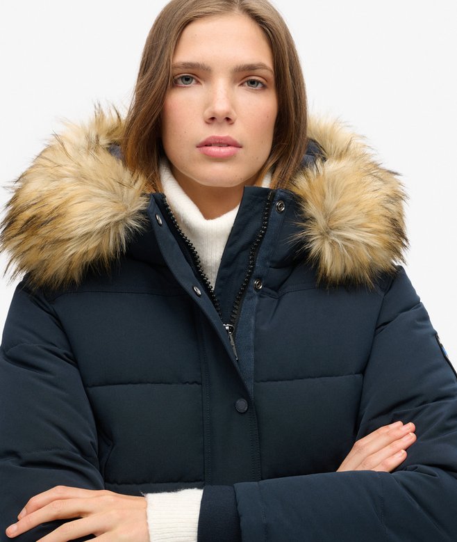 Dames Everest Hooded Bomber Jas in nordic chrome navy | Superdry NL