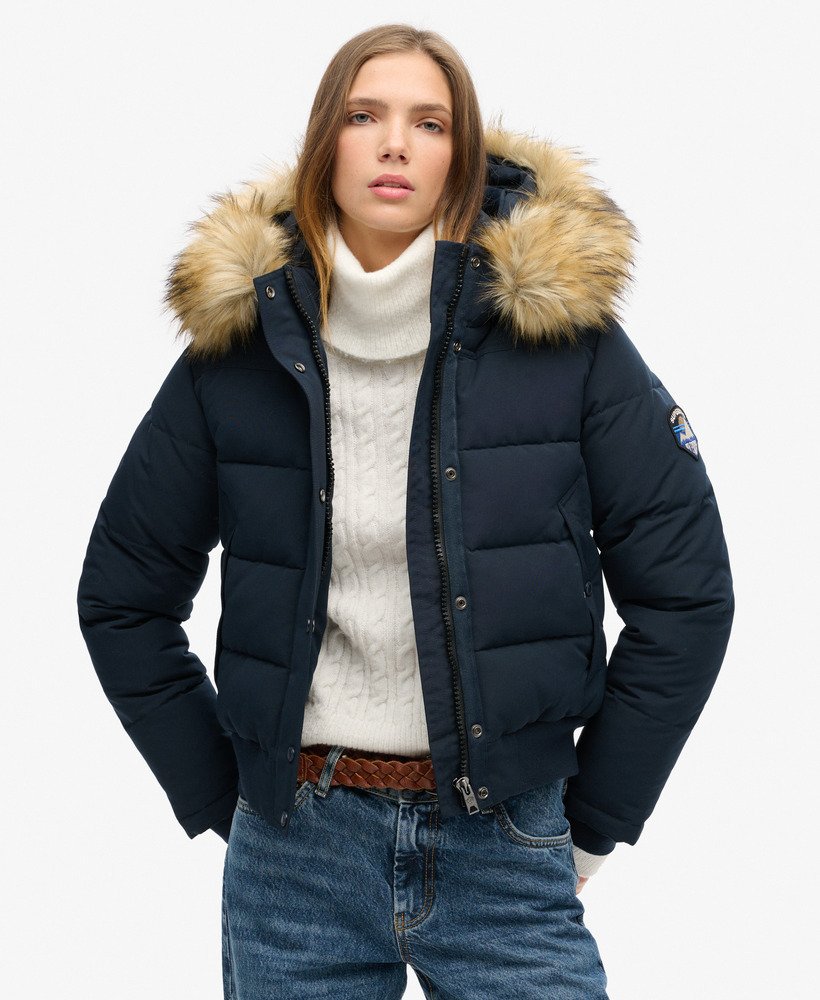 Dames Everest Hooded Bomber Jas in nordic chrome navy | Superdry NL
