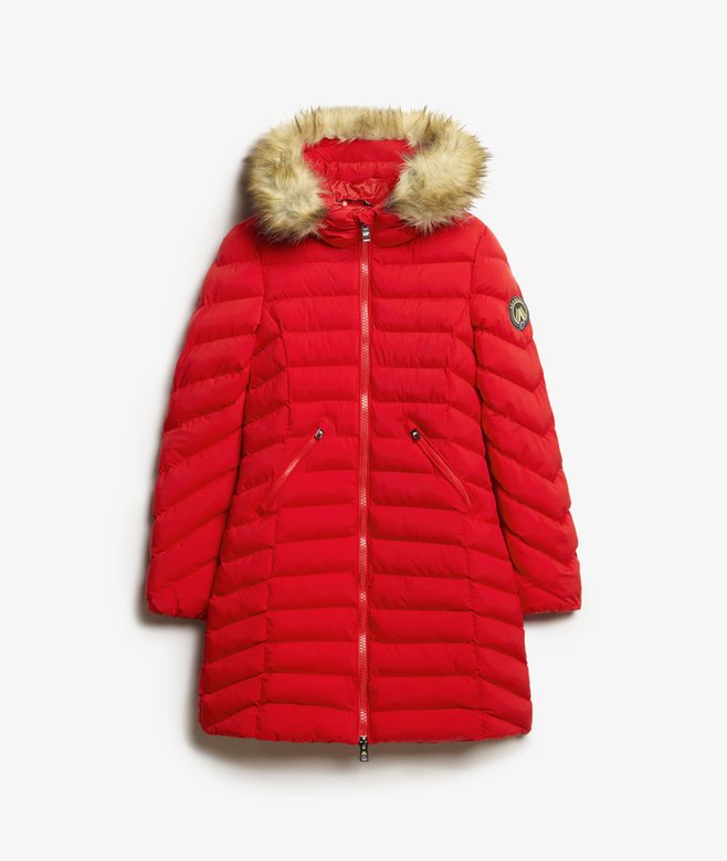 womens Fuji Faux Fur Hood Mid Length Puffer Coat in RED | Superdry UK