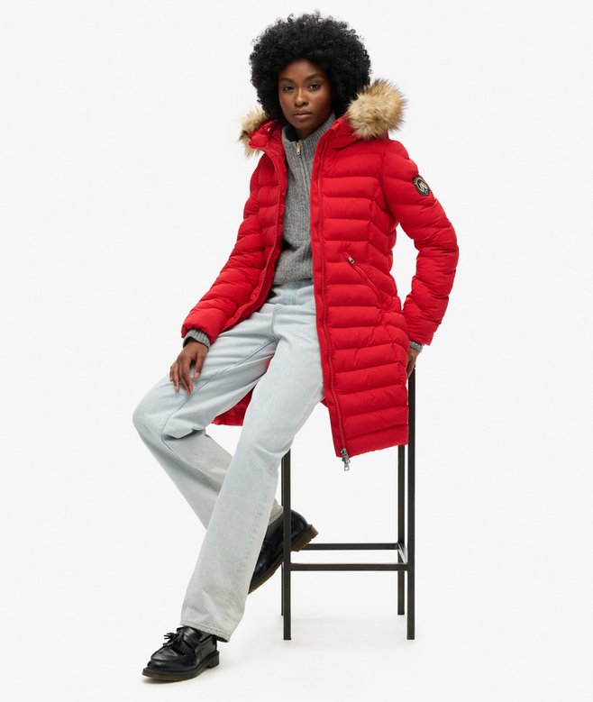 womens Fuji Faux Fur Hood Mid Length Puffer Coat in RED | Superdry UK