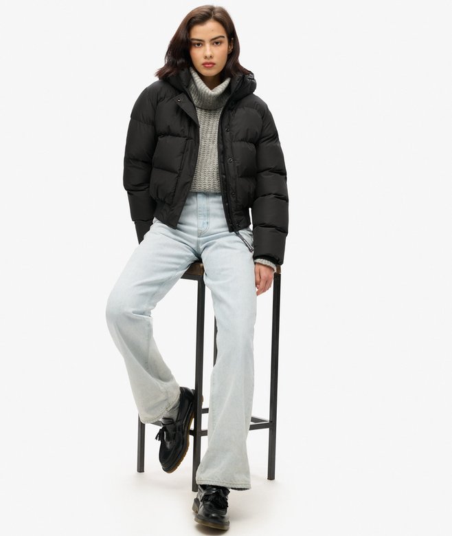 womens Hooded Sports Puffer Bomber Jacket in Black | Superdry UK