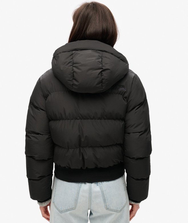 womens Hooded Sports Puffer Bomber Jacket in Black | Superdry UK