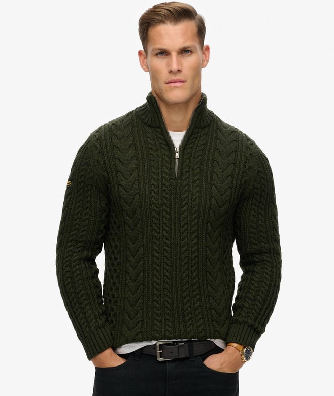 mens Vintage Jacob Cable Knit Half Zip Jumper in Surplus Goods Olive ...