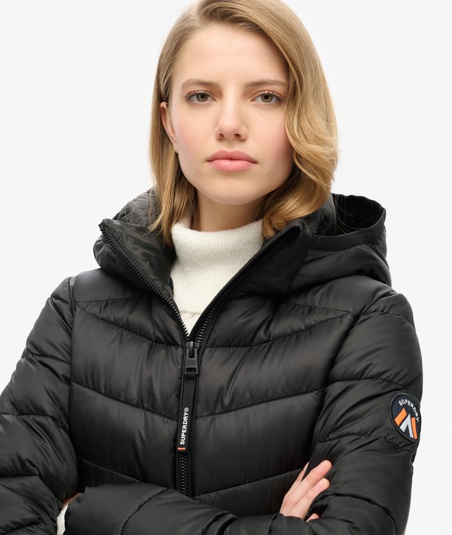 womens Hooded Fuji Quilted Padded Jacket in Black | Superdry UK