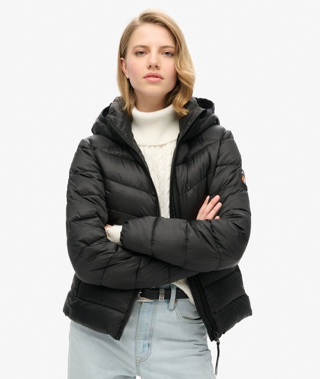 womens Hooded Fuji Quilted Padded Jacket in Black | Superdry UK