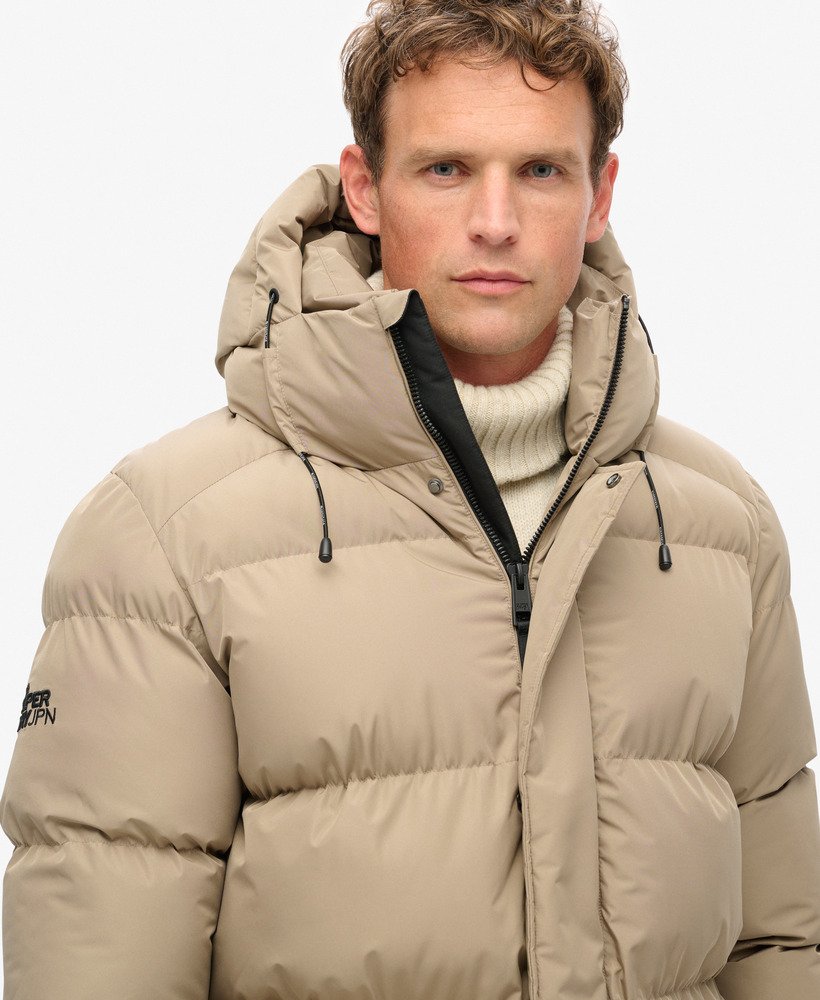 mens Hooded Mid Length Sports Puffer Jacket in Timber Wolf Brown ...