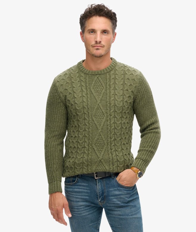 mens Jacob Cable Knit Jumper in Moss Green | Superdry UK