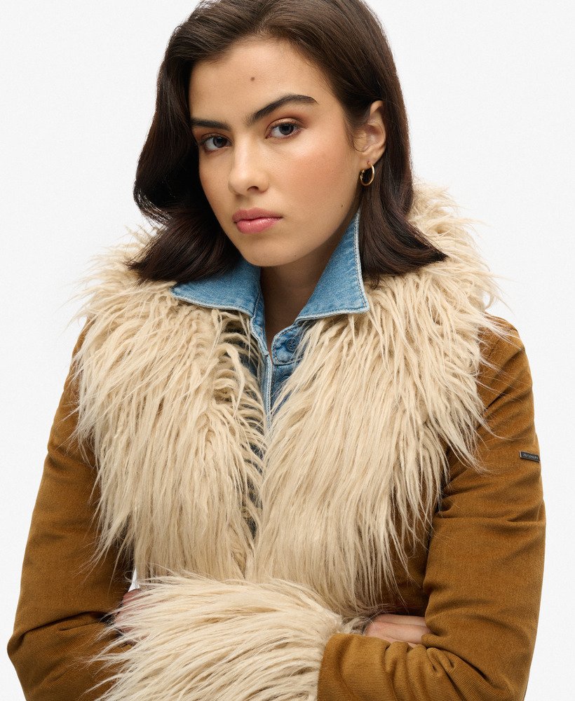 womens Faux Fur Lined Afghan Coat in Denim Co Tobacco Brown | Superdry UK