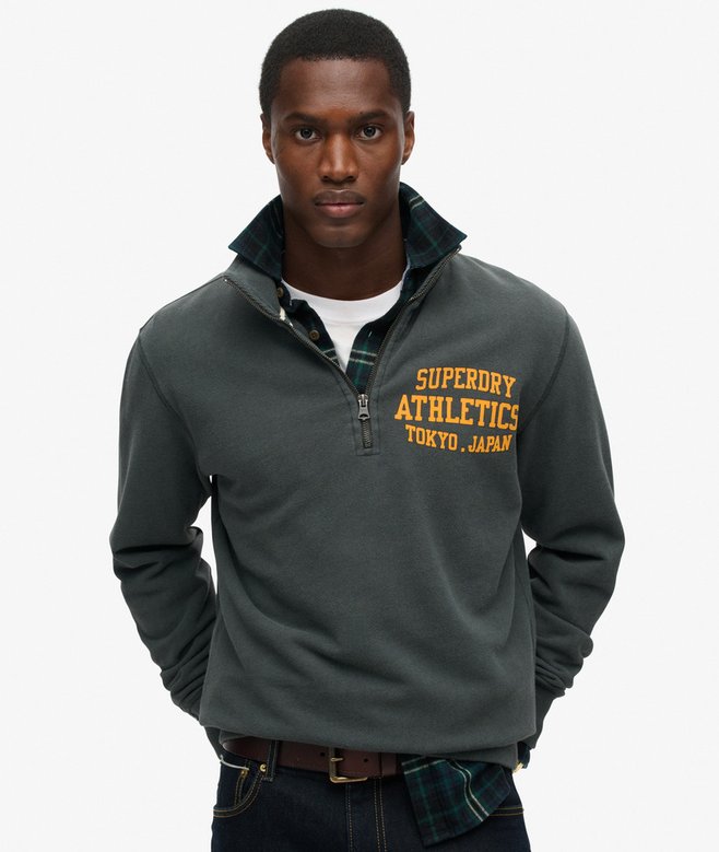 mens Track & Field Graphic Half Zip Jumper in Washed Black | Superdry UK